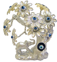Silver Colored Evil Eye Bonsai tree with Elephant and White Flowers Mo ...