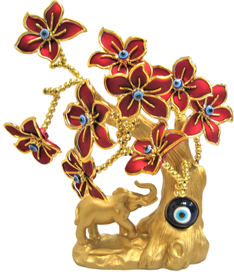 Gold Colored Evil Eye Bonsai tree with Elephant and Red Flowers Model ...