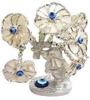 Silver colored Evil Eye Bonsai tree with Elephants and White Flowers M ...