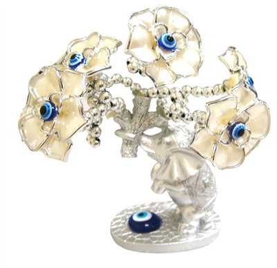 Silver colored Evil Eye Bonsai tree with Elephants and White Flowers M ...