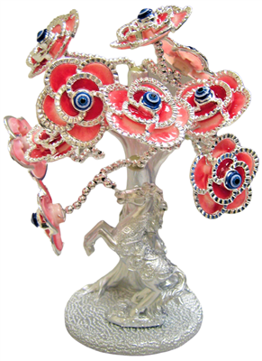 Silver colored Evil Eye Bonsai tree with Horse and Red Flowers Model L ...