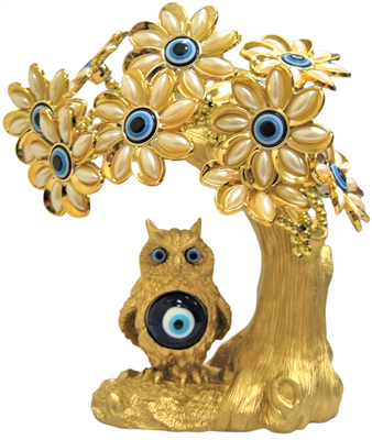 Gold colored Evil Eye Bonsai tree with Owl and White Flowers Model M-1 ...