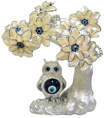 Silver colored Evil Eye Bonsai tree with Owl and White Flowers Model M ...